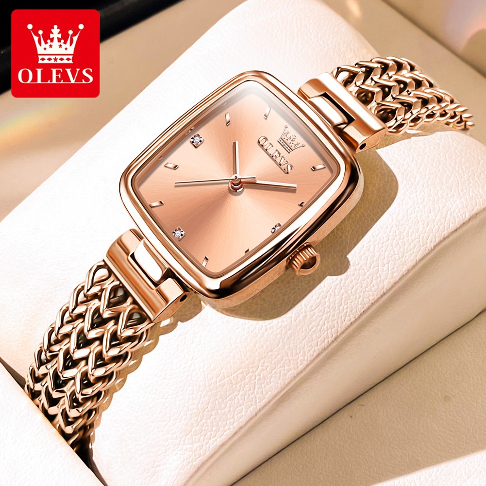 OLEVS 9951 Rose Gold Quartz Watch for Women Elegant Stainless Steel Square Watch Original Ladies ...