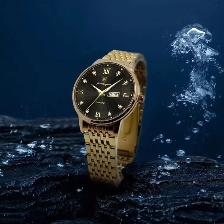 POEDAGAR Gold Fashion Stainless Steel Strap Business Multifunctional ...